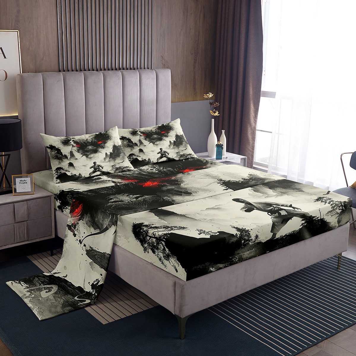 Exotic Ink Painting Dragon Bedding Sheets Chinese Samurai Bed Sheets ...