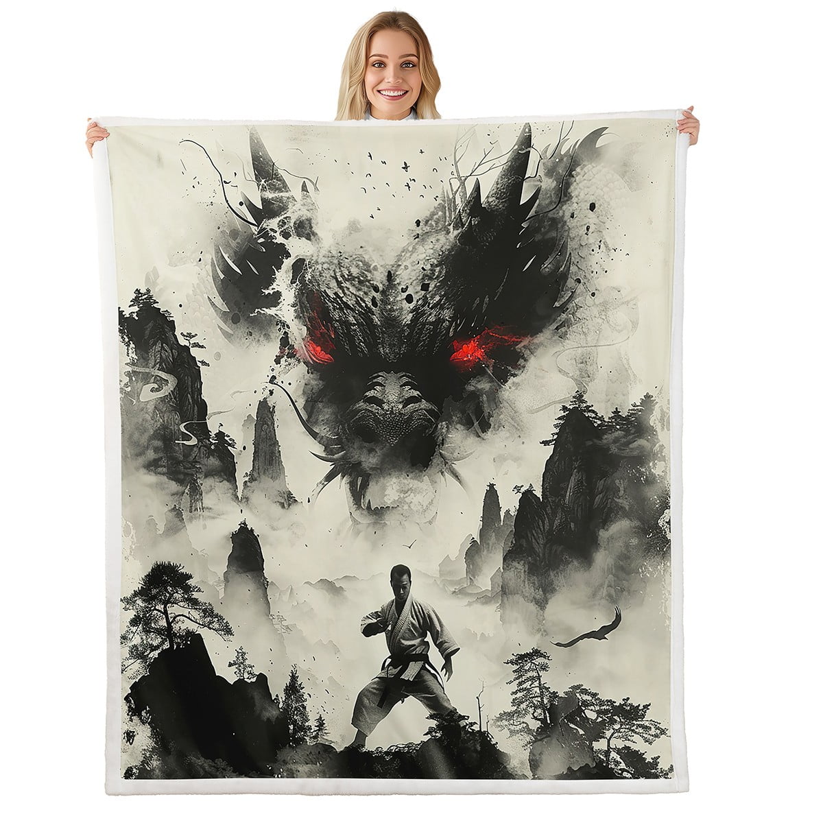 Exotic Ink Painting Dragon Sherpa Blanket Chinese Samurai Throw Blanket ...