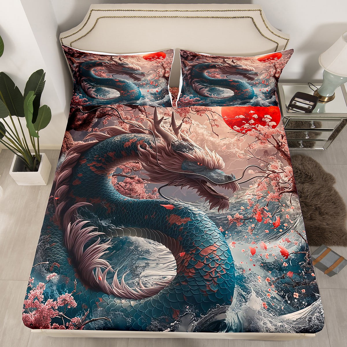 YST Exotic Oriental Dragon Bedding Sheets Full Japanese Style Fitted ...