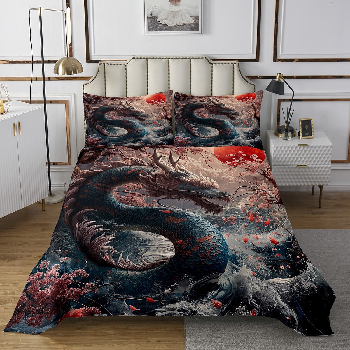 YST Exotic Oriental Dragon Coverlet Set King Japanese Style Bedspread ...