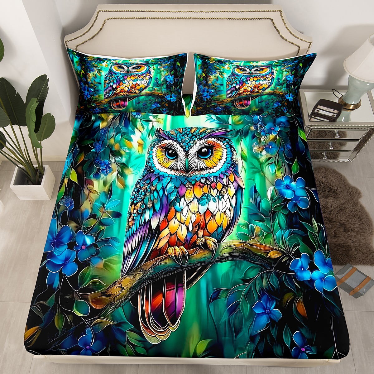 Exotic Owl Fitted Sheet,Animal Pattern Bedding Set Jungle Wildlife Bird ...