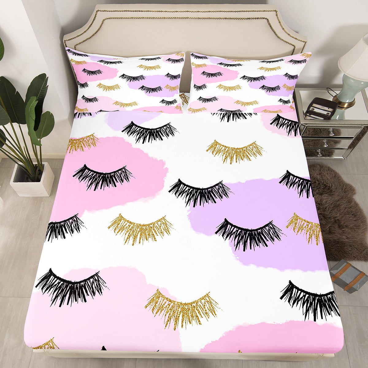 Eyelash Bedding Set Golden Lashes Fitted Sheet Cute Eyelash Bed Sheets ...