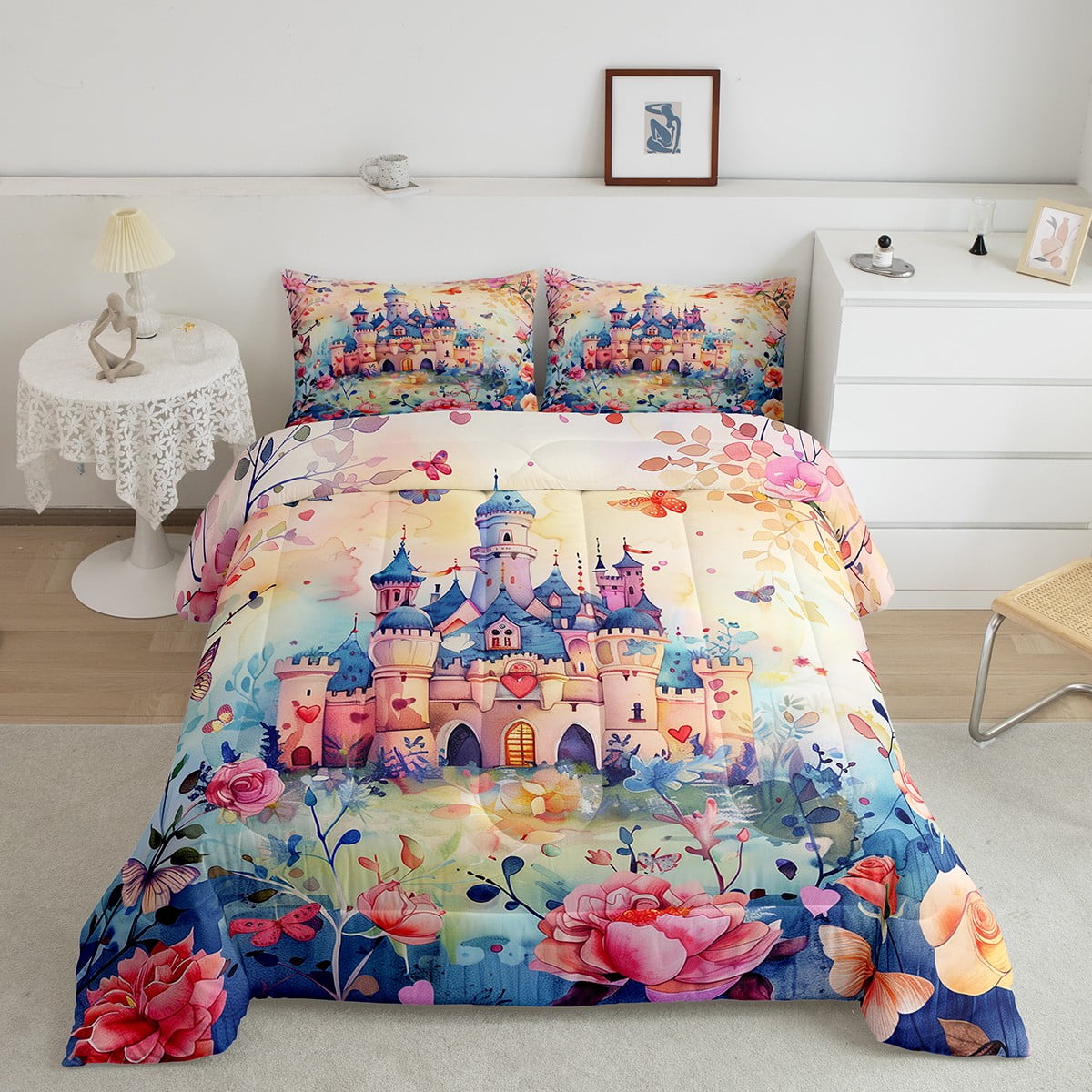 YST Fairy Tales Queen Size Comforter Set for Kids Girls Dreamy Castle ...