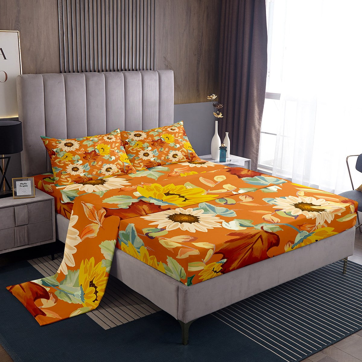 Fall Bed Set Yellow Sunflower Bed Sheets Set, Falling Maple Leaf Sheet ...