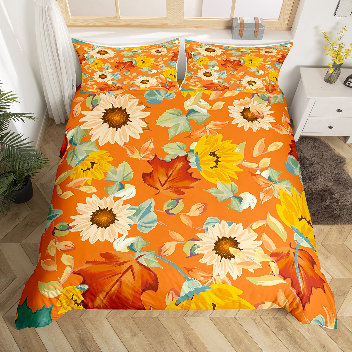 YST Fall Bed Set Yellow Sunflower Duvet Cover, Falling Maple Leaf ...