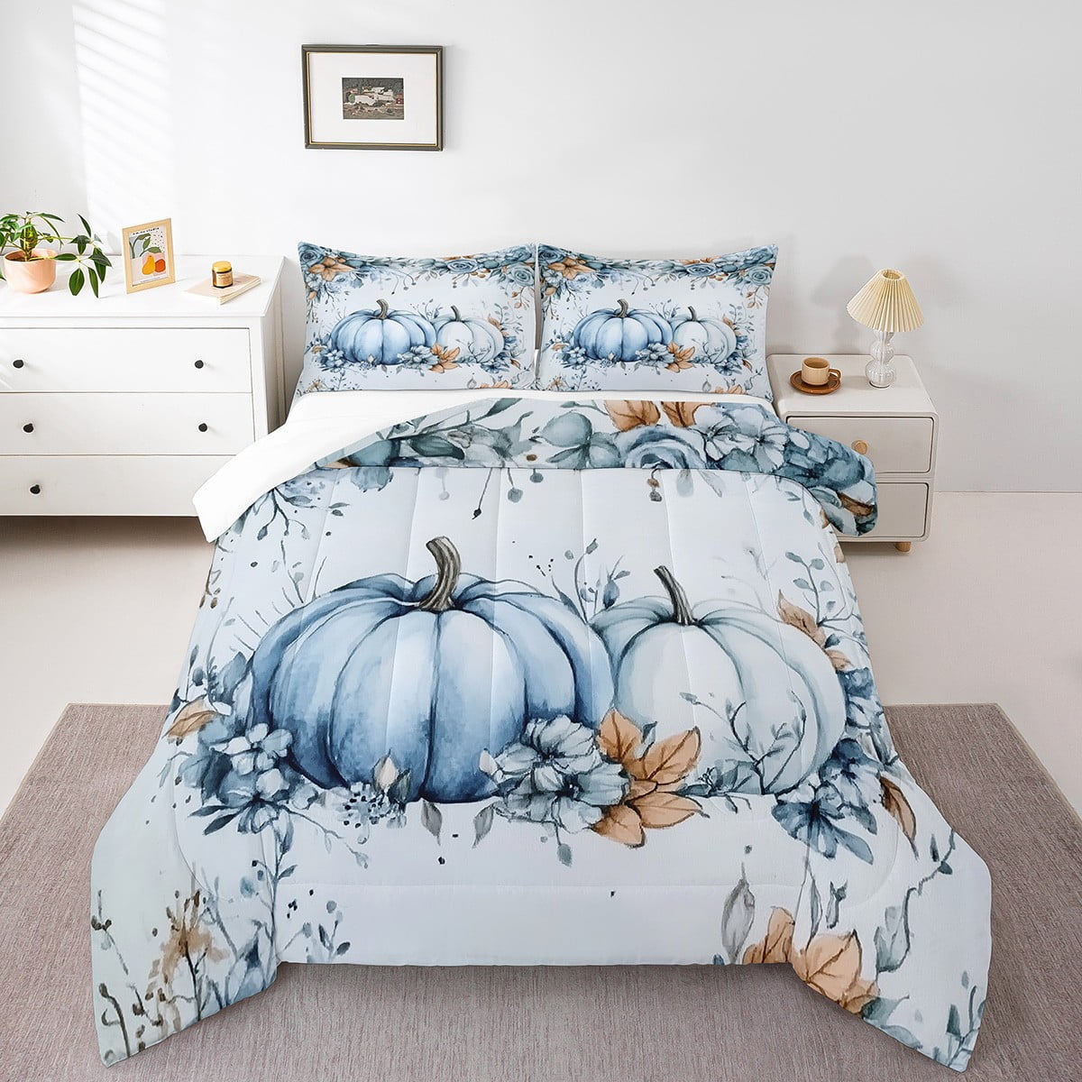 YST Fall Blue Pumpkin Bedding Set Queen Watercolor Maple Eucalyptus ...