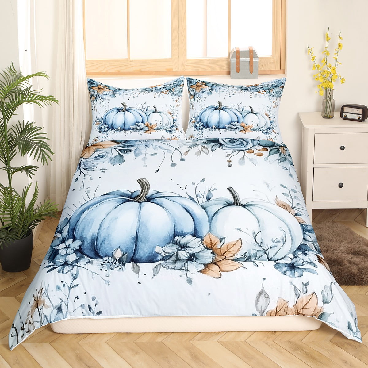 YST Fall Blue Pumpkin Bedding Set Twin Watercolor Maple Eucalyptus ...