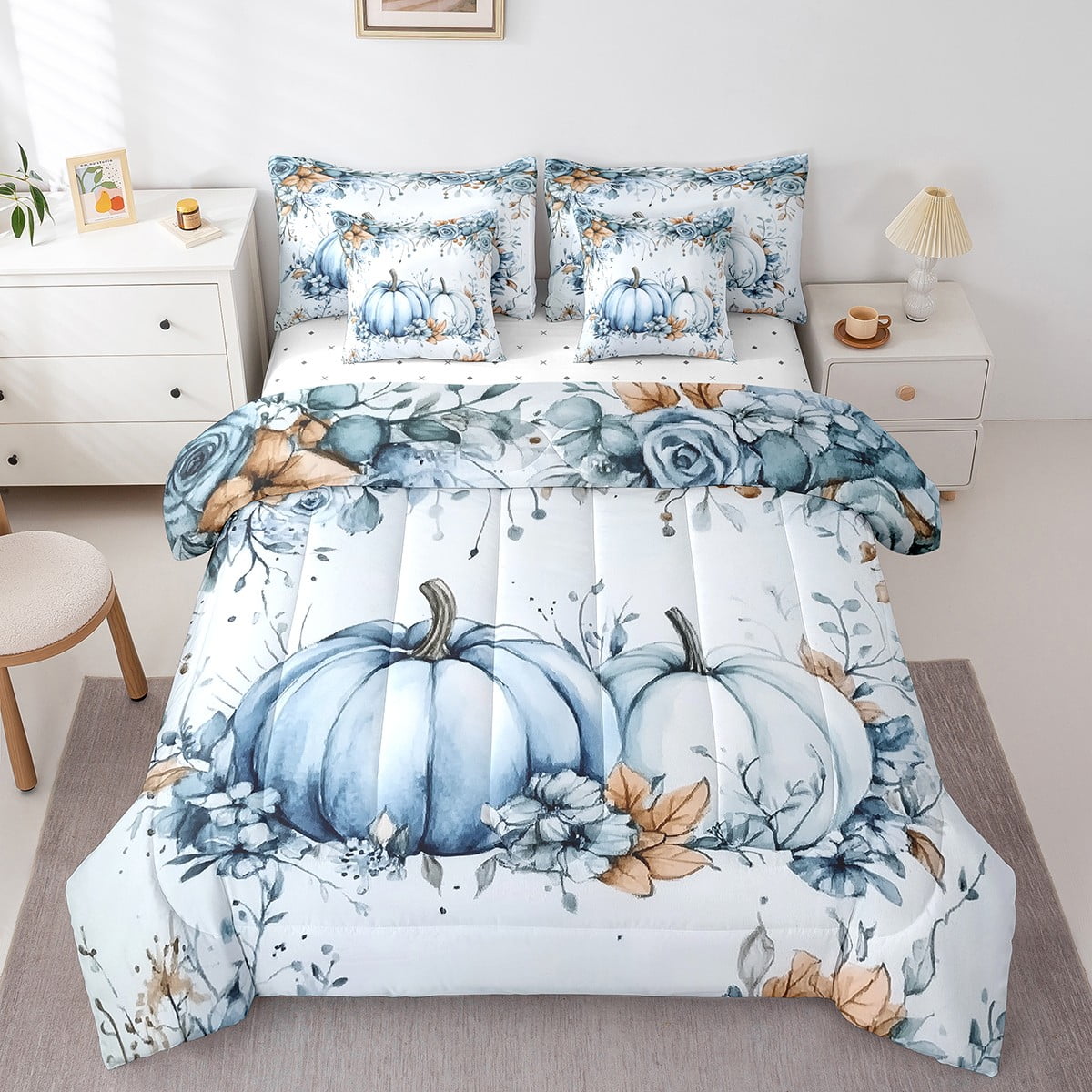 YST Fall Blue Pumpkin Bedding Set Watercolor Maple Eucalyptus Leaves ...
