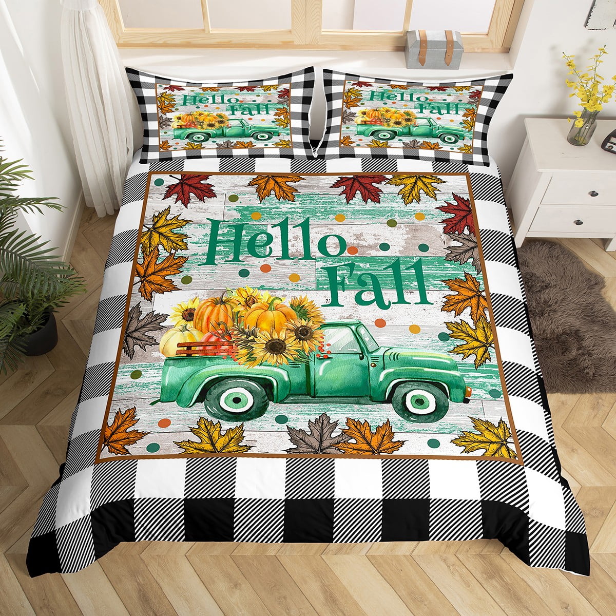 YST Fall Buffalo Plaid Duvet Cover Queen Thanksgiving Pumpkin Comforter ...