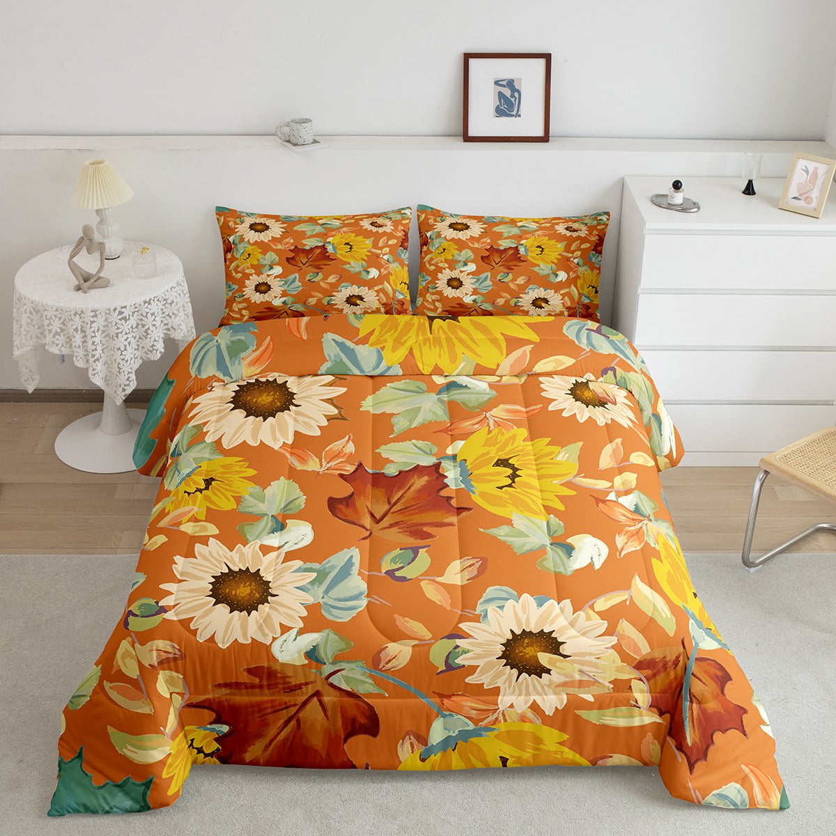 YST Fall Comforter Set Full Yellow Sunflower Bedding Set, Falling Maple ...