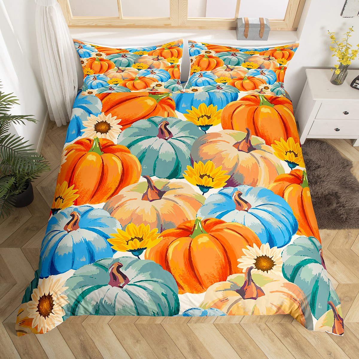 YST Fall Duvet Cover King Harvest Pumpkin Bedding Set, Botanical Plants ...