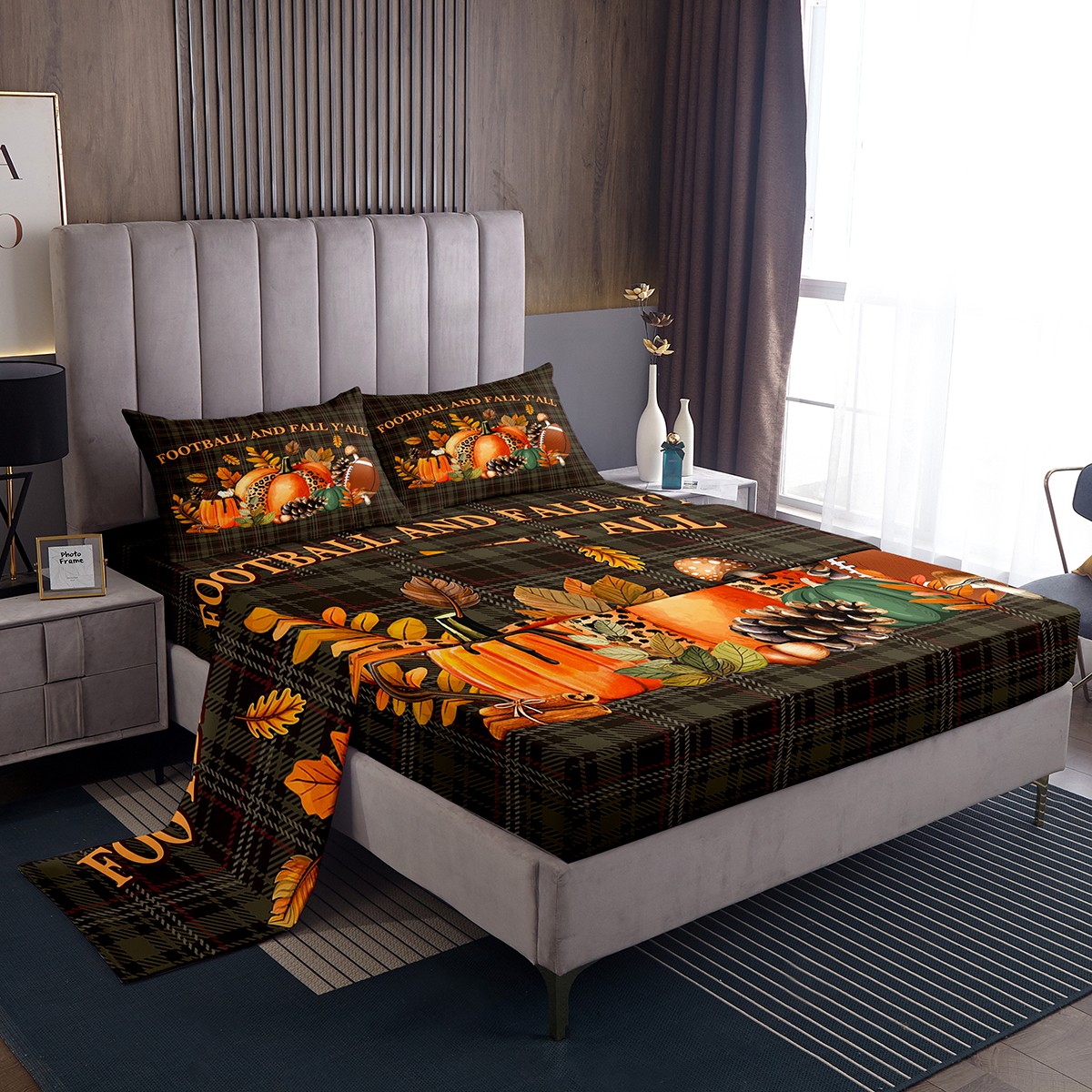 YST Fall Football Comforter Set Farm Maple Leaf Pumpkin Sheet Set Queen ...