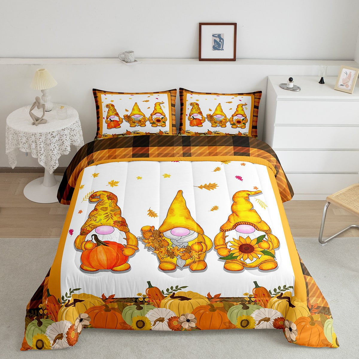 YST Fall Gnome Bedding Thanksgiving Pumpkin Bedding Comforter Sets ...