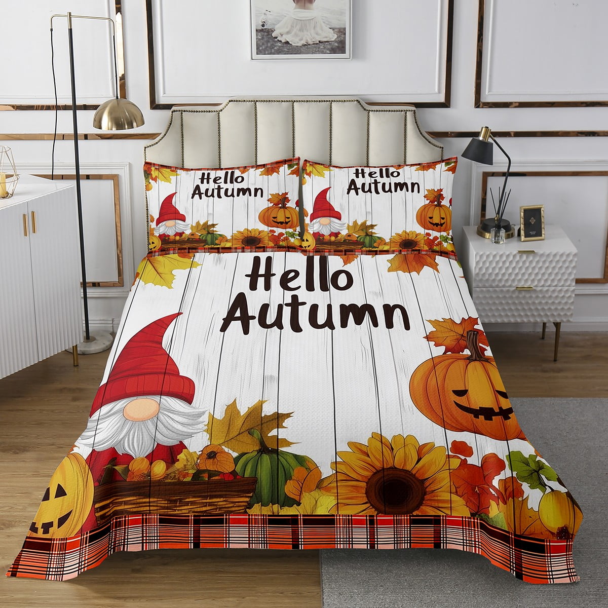 YST Fall Gnome Bedspread Set King For Kids Rustic Sunflower Pumpkin ...