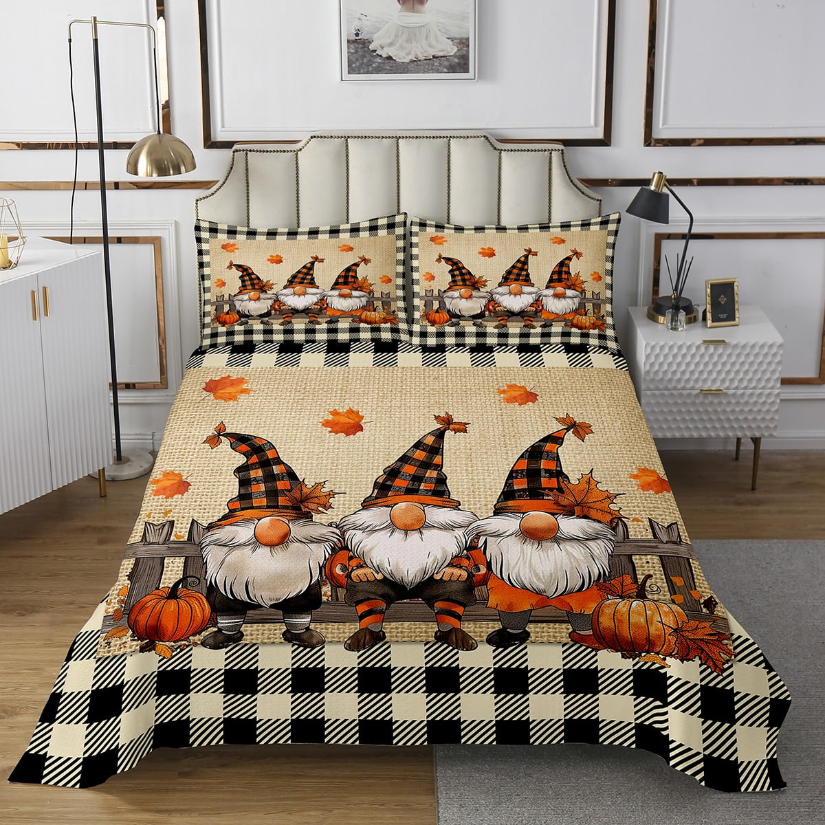 YST Fall Gnome Coverlet Set Farmhouse Buffalo Plaid Quilt Set Queen ...