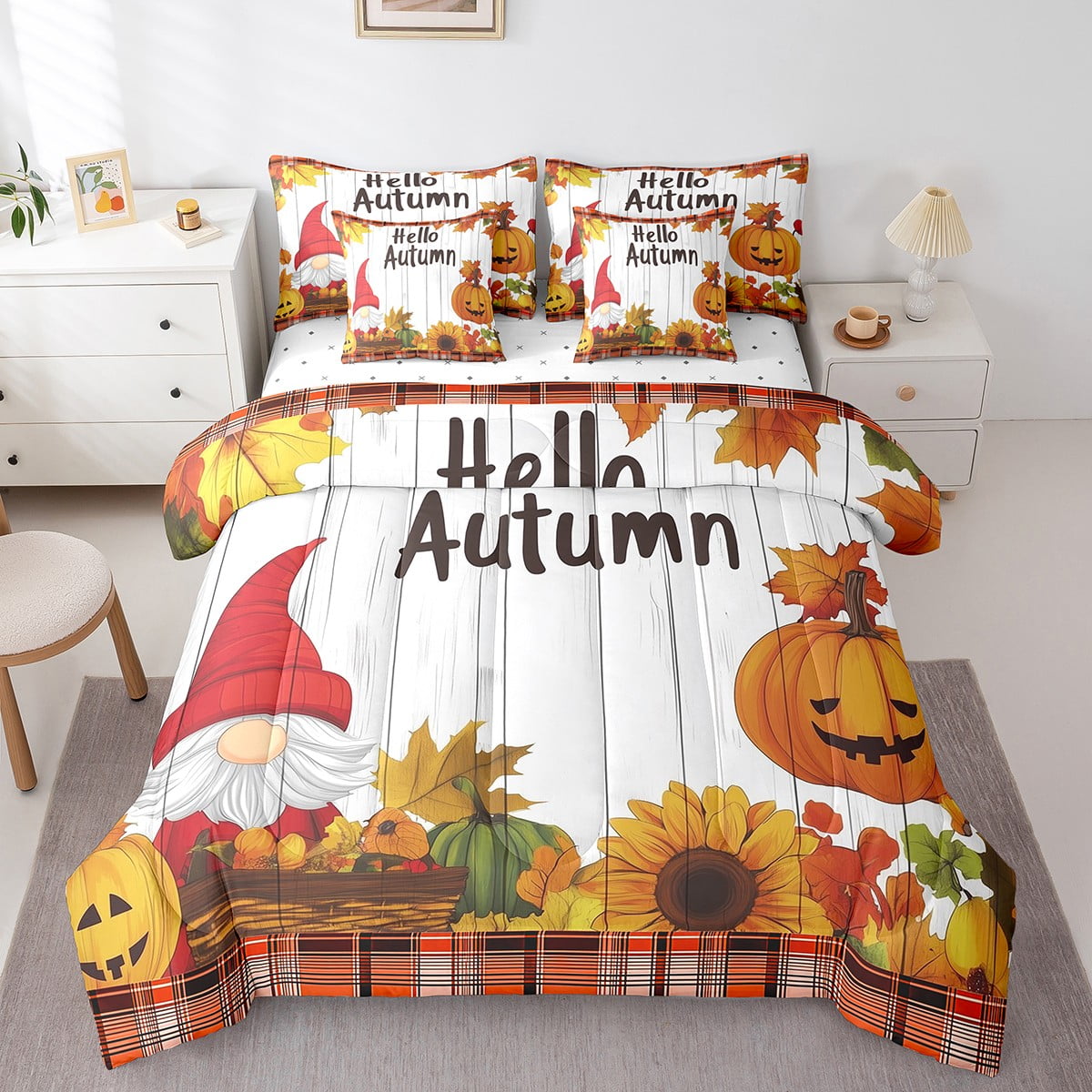 Fall Gnome King Comforter Set 7 Piece Rustic Sunflower Pumpkin Bed In A ...