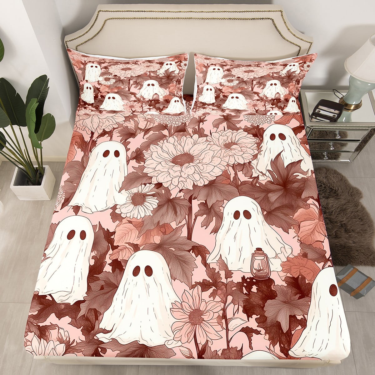 Fall Halloween Bed Sheetss Queen Spooky Ghost Bedding Sheets Retro ...