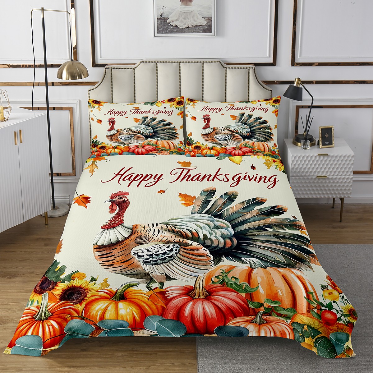 Fall Hanksgiving Harvest Bedspread Set Country Pumpkin Turkey Quilt Set ...