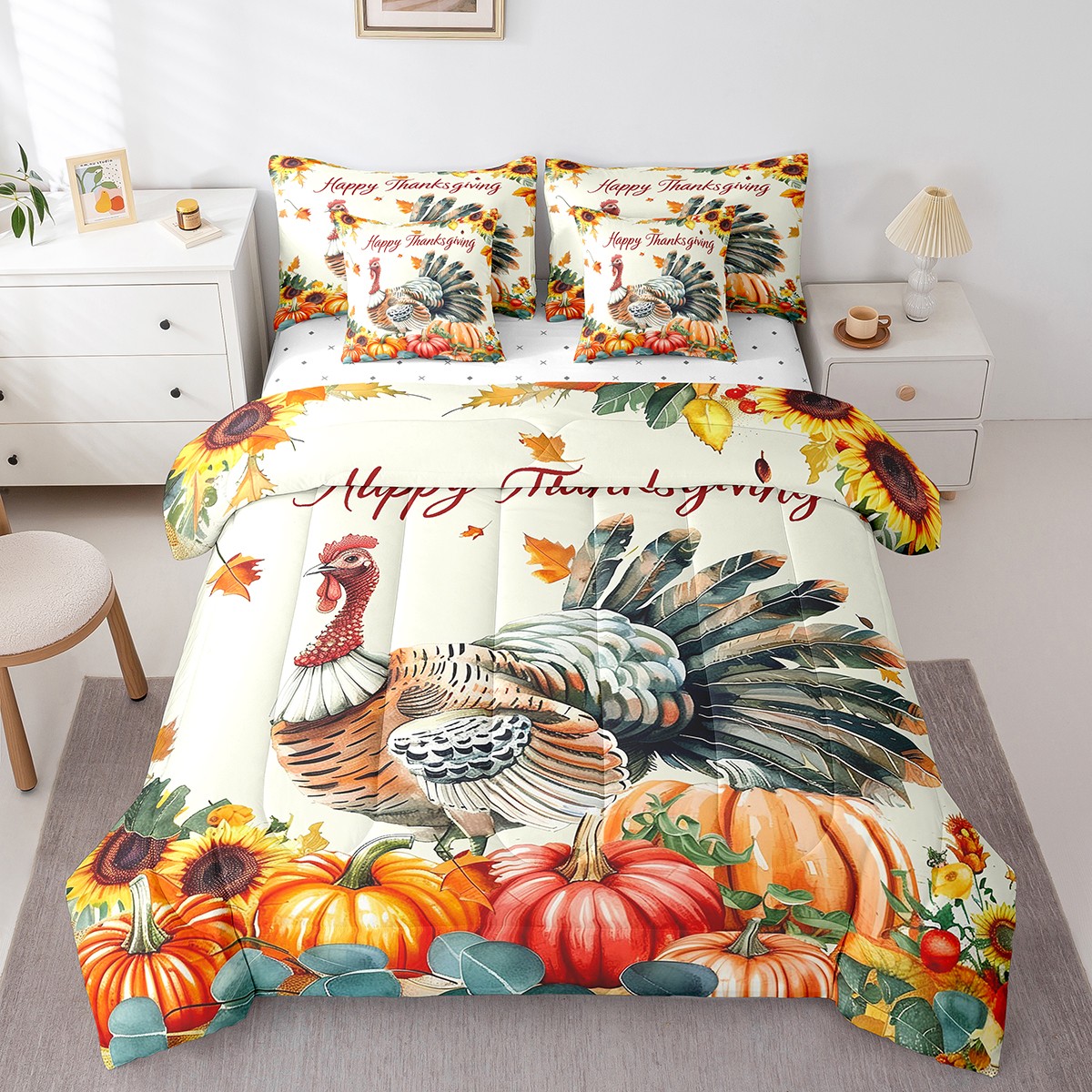 YST Fall Hanksgiving Harvest Full Comforter Set 7 Piece Country Pumpkin ...