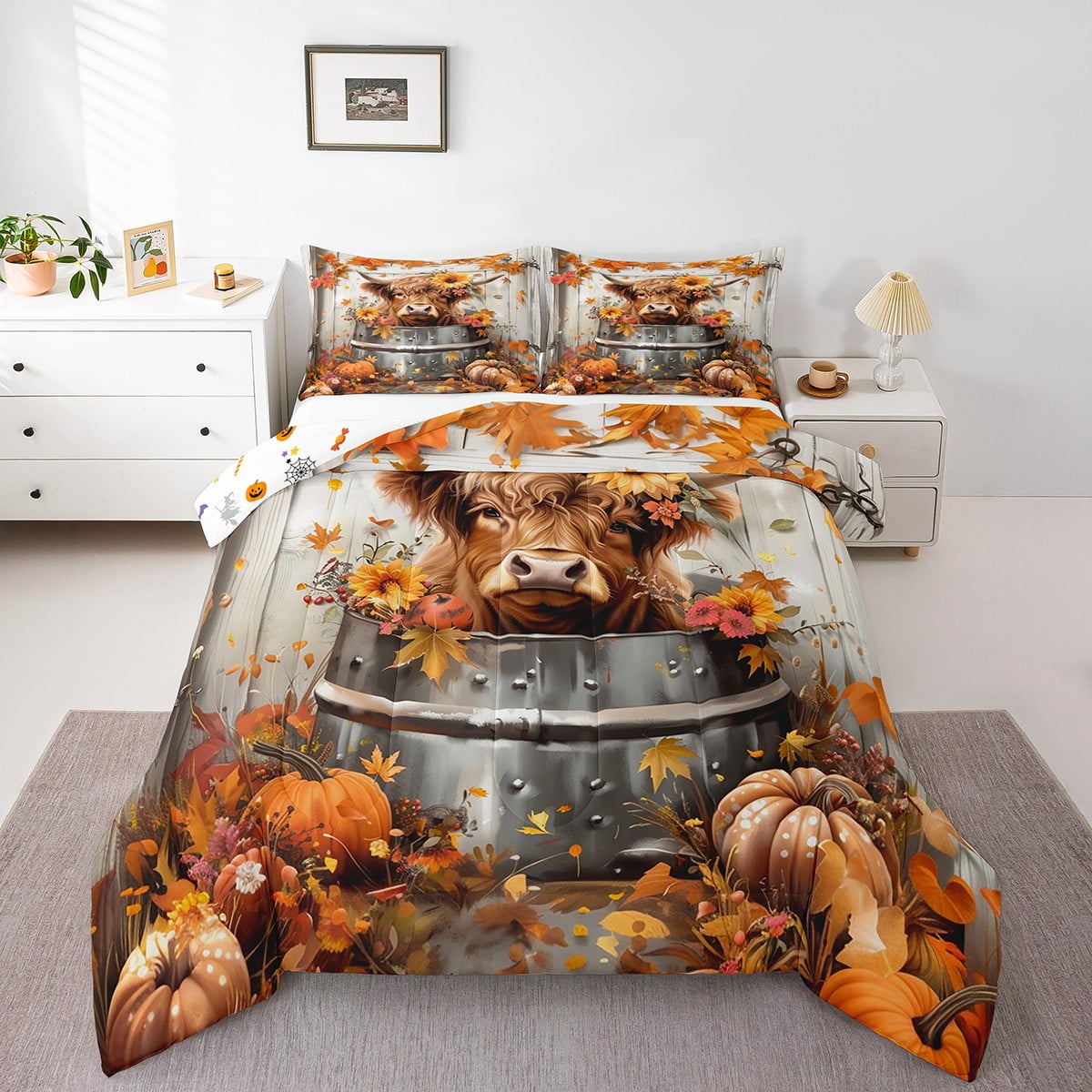Fall Highland Cow Full Bedding Set,Autumn Leaf Pumpkin Comforter Set ...