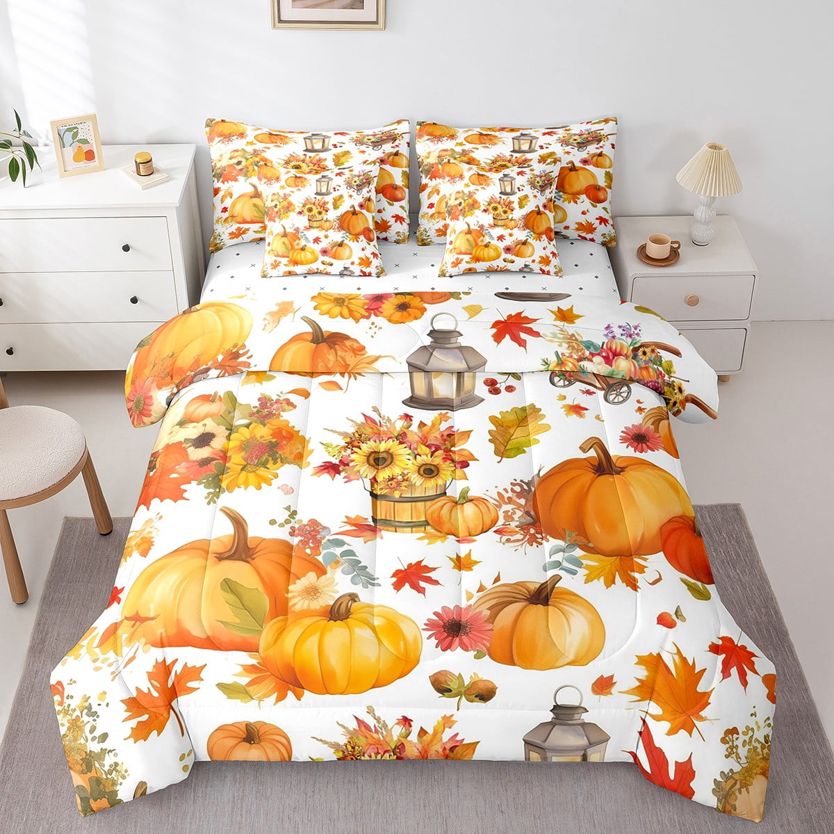 Fall King Comforter Set With Sheets 7 Piece Autumn Sunflower Pumpkin ...