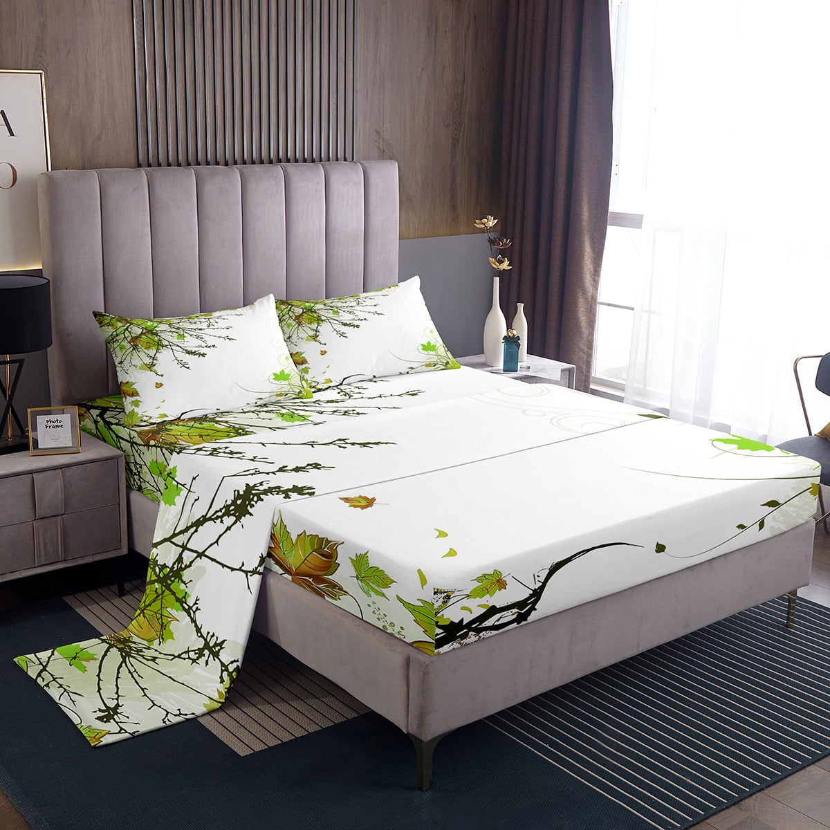 Erosebridal Fall Leaf Bed Sheets Set King, Green Botanical Leaves Sheet ...