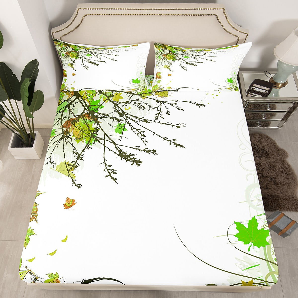 Fall Leaf Bed Sheets Set Twin, Green Botanical Leaves Fitted Sheet ...