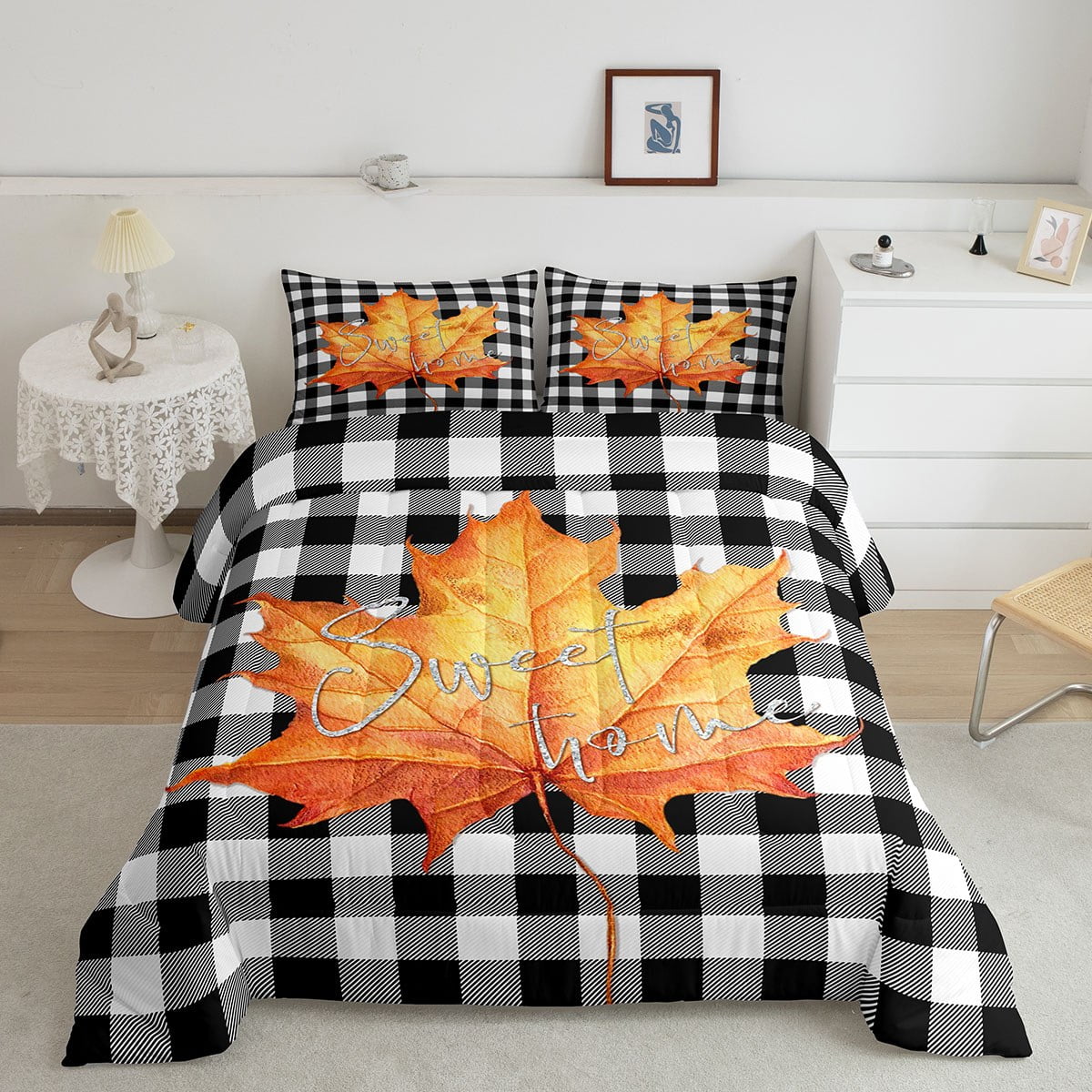 YST Fall Leaves Bedding Set King Size, Black And White Bufflo Grid ...