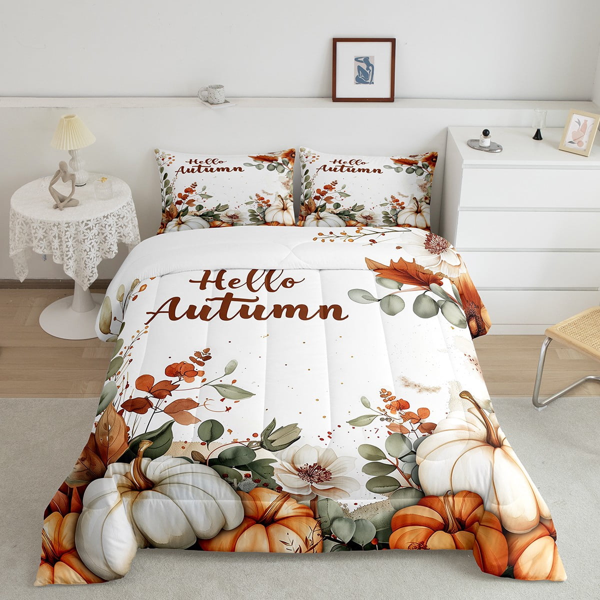 YST Fall Pumpkin Bedding Set Autumn Watercolor Pumpkins Comforter Set ...