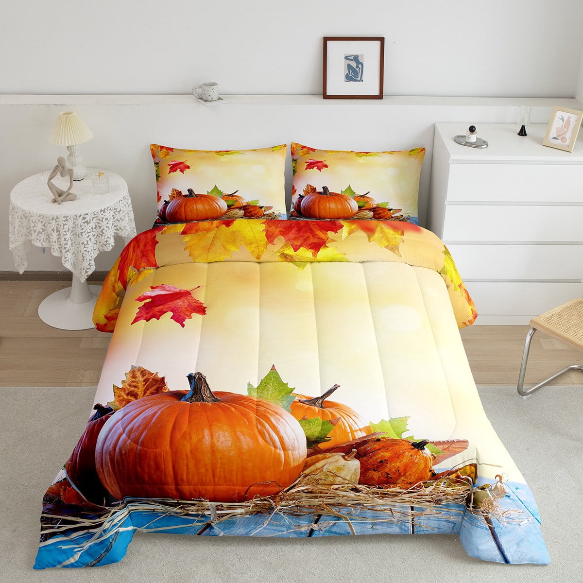 Fall Pumpkin Comforter Set , Autumn Harvest Bedding Set Maple Leaves ...