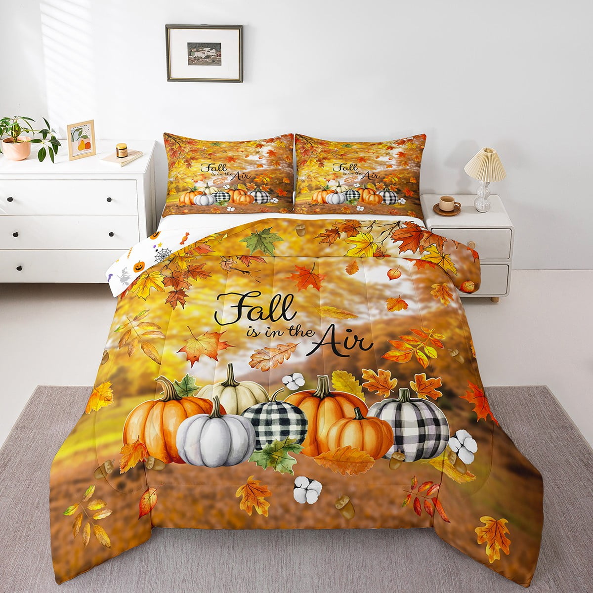 Fall Pumpkin Comforter Set Queen,Maple Leaves Bedding Set Rustic ...