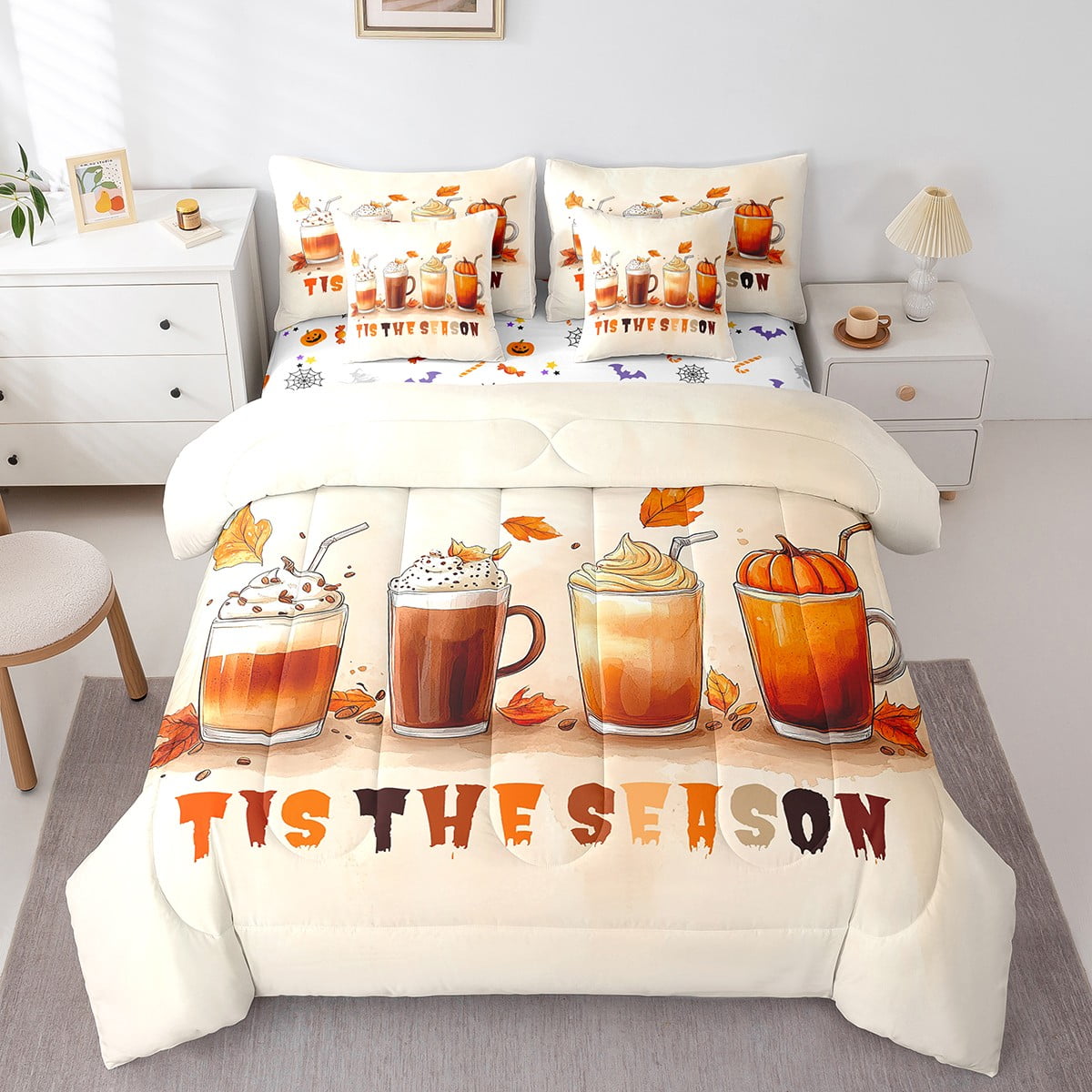 Fall Pumpkin Drinks Comforter Set Autumn Thanksgiving Bedding King ...