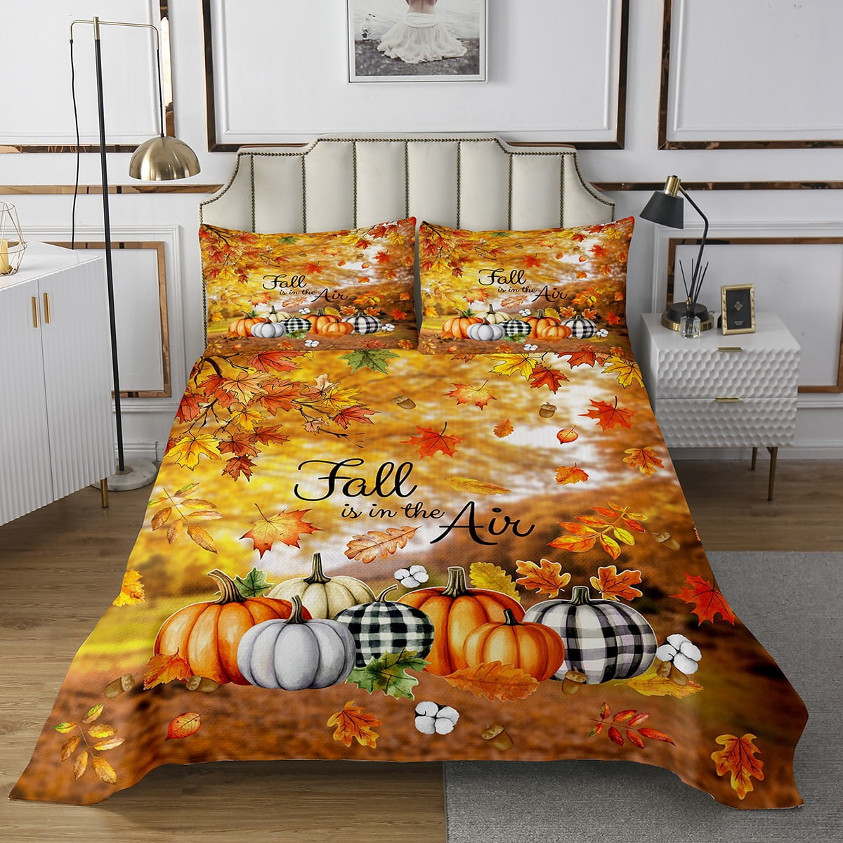 YST Fall Pumpkin Quilt Set Twin,Maple Leaves Bedspread Set Rustic ...