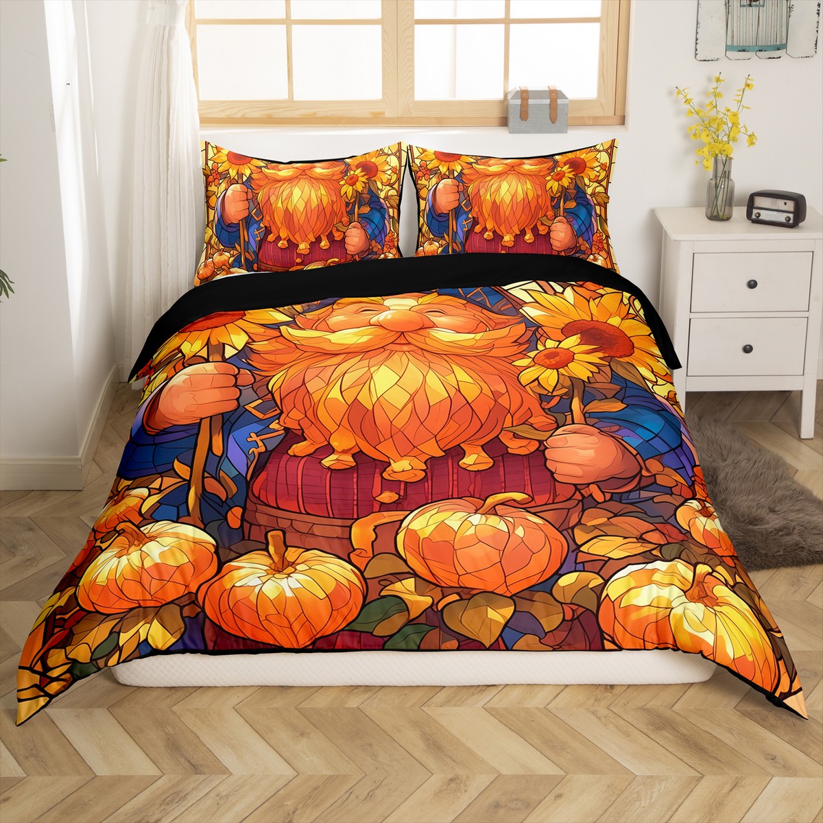 Fall Thanksgiving Comforter Cover Queen Cartoon Fall Gnome Sunflower ...