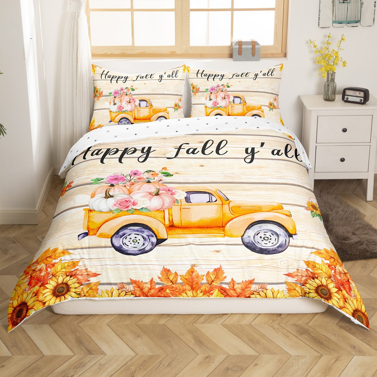 Fall Thanksgiving Day Bedding Sets King Maple Leaves Pumpkin Truck ...