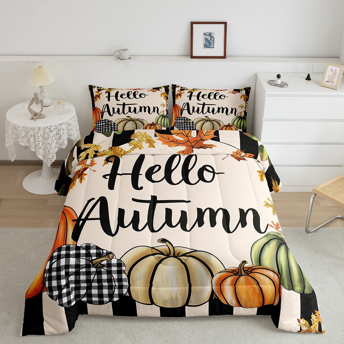 YST Fall Thanksgiving Harvest Quilt Comforter Plaid Pumpkin Bedding Set ...