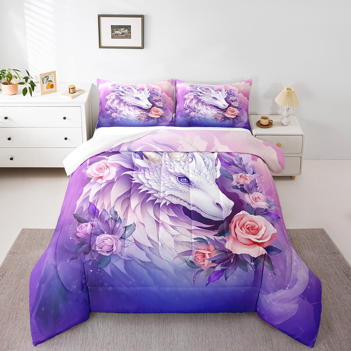 Fantasy Dragon Full Bedding Set,Pink Rose Floral Dragon Comforter Set ...