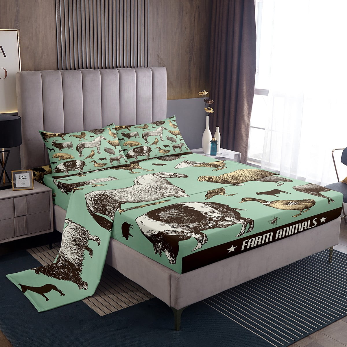 YST Farm Animal Bed Set Black Green Bed Sheets Set, Horse Highland ...