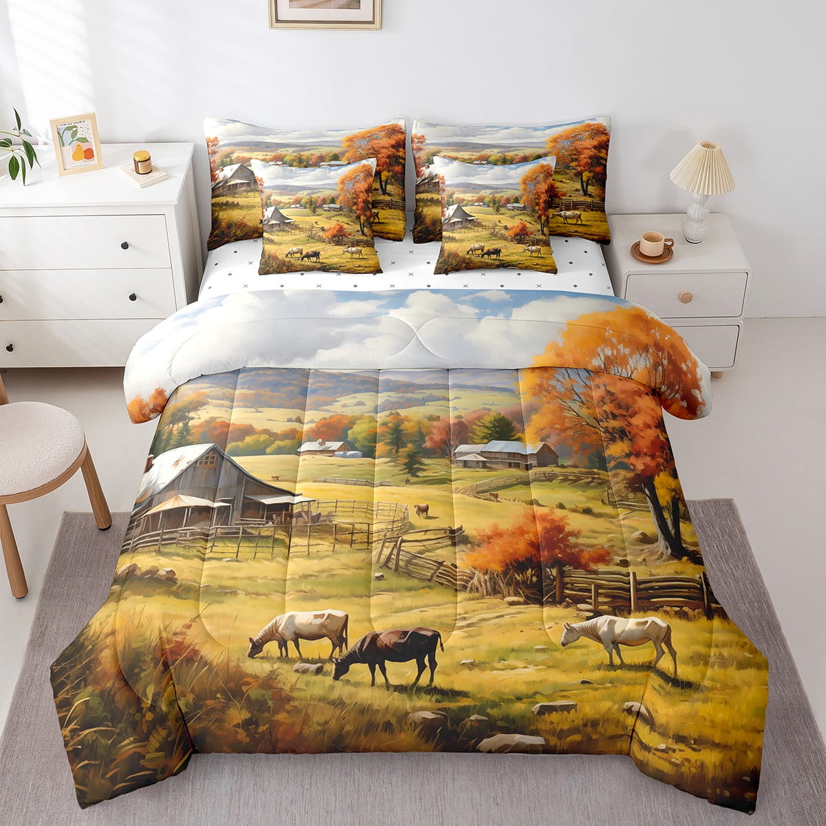 YST Farm Animal Bedding Sets Full Retro Cow Print Comforter Set 7 Piece ...