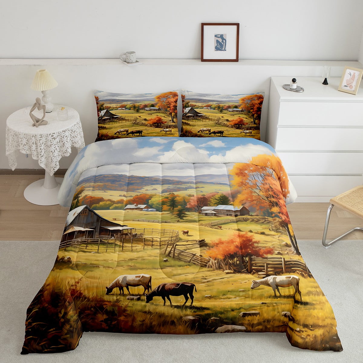 YST Farm Animal Bedding Sets Full Retro Cow Print Comforter Set ...