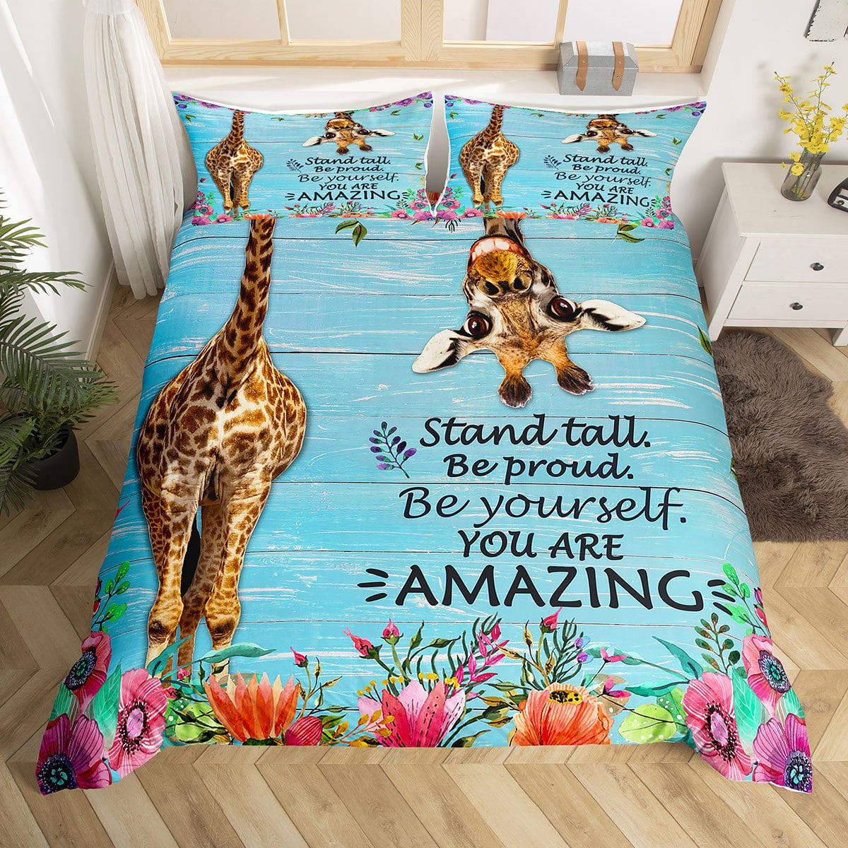 YST Farm Animal Bedding Sets Queen Giraffe Print Comforter Cover, Teal ...