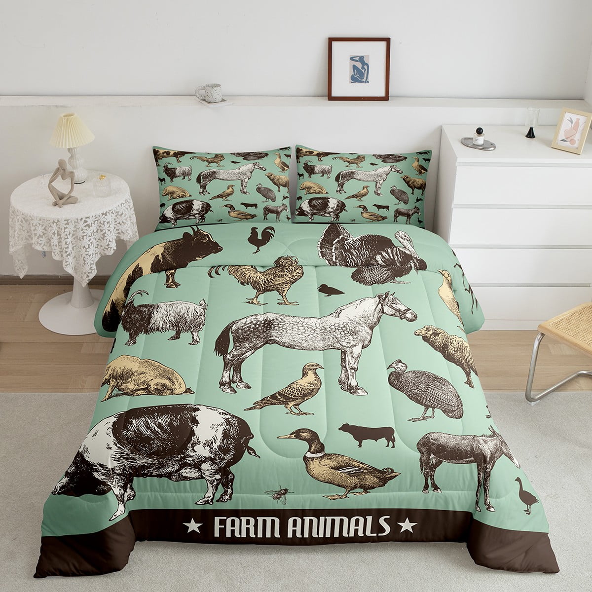 Erosebridal Farm Animal Comforter Full Black Green Bedding Set, Horse ...
