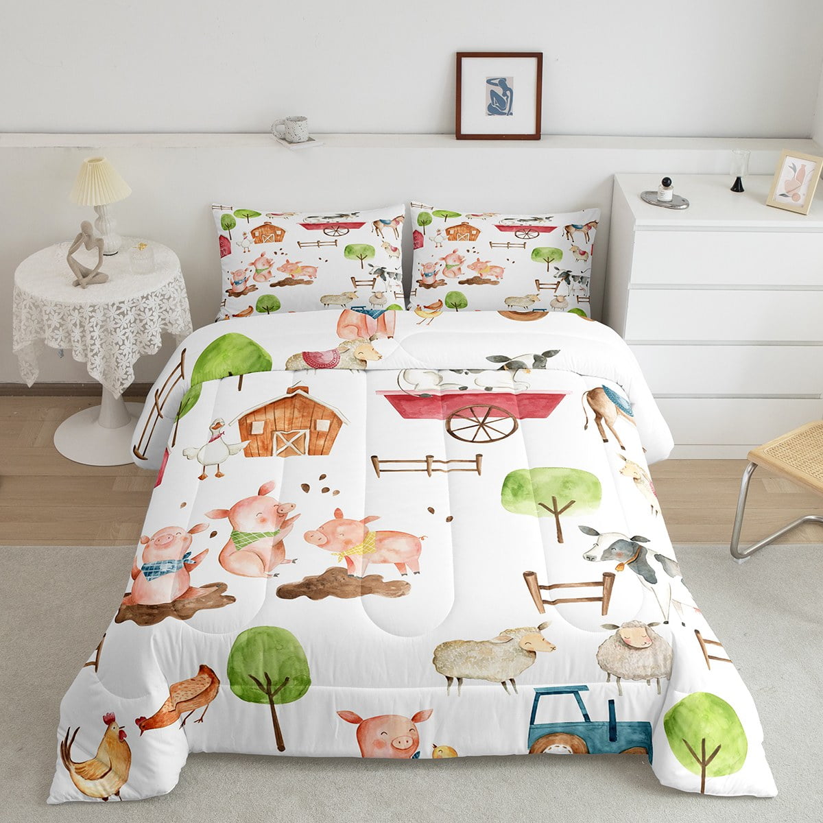 Farm Animals Bedding Set Queen Cute Pig Sheep Cow Print Comforter Set ...