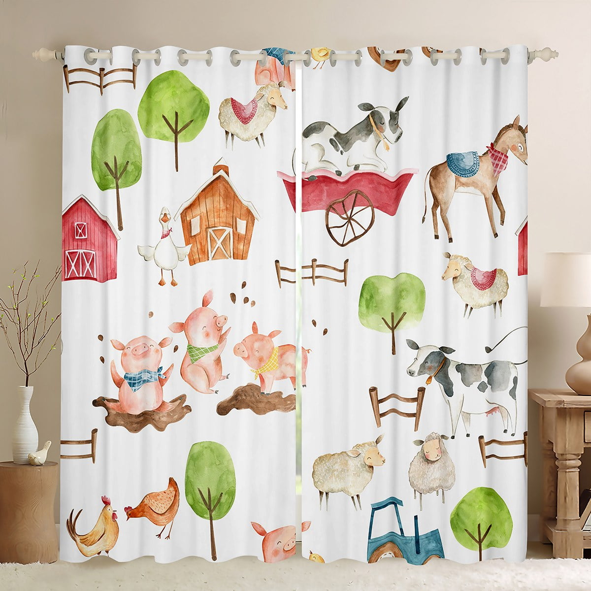 Erosebridal Farm Animals Blackout Curtains Bedroom 42"Wx90"L Cute Pig ...