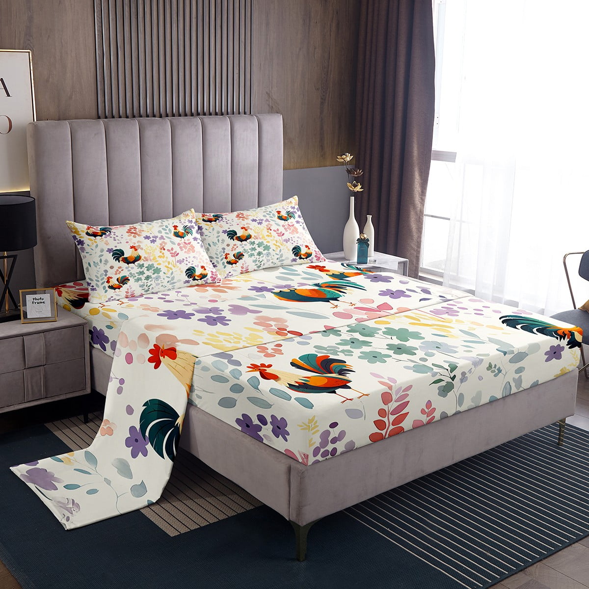 Farm Chicken Twin Bed Sheets Set,Colorful Floral Chicken Rooster ...