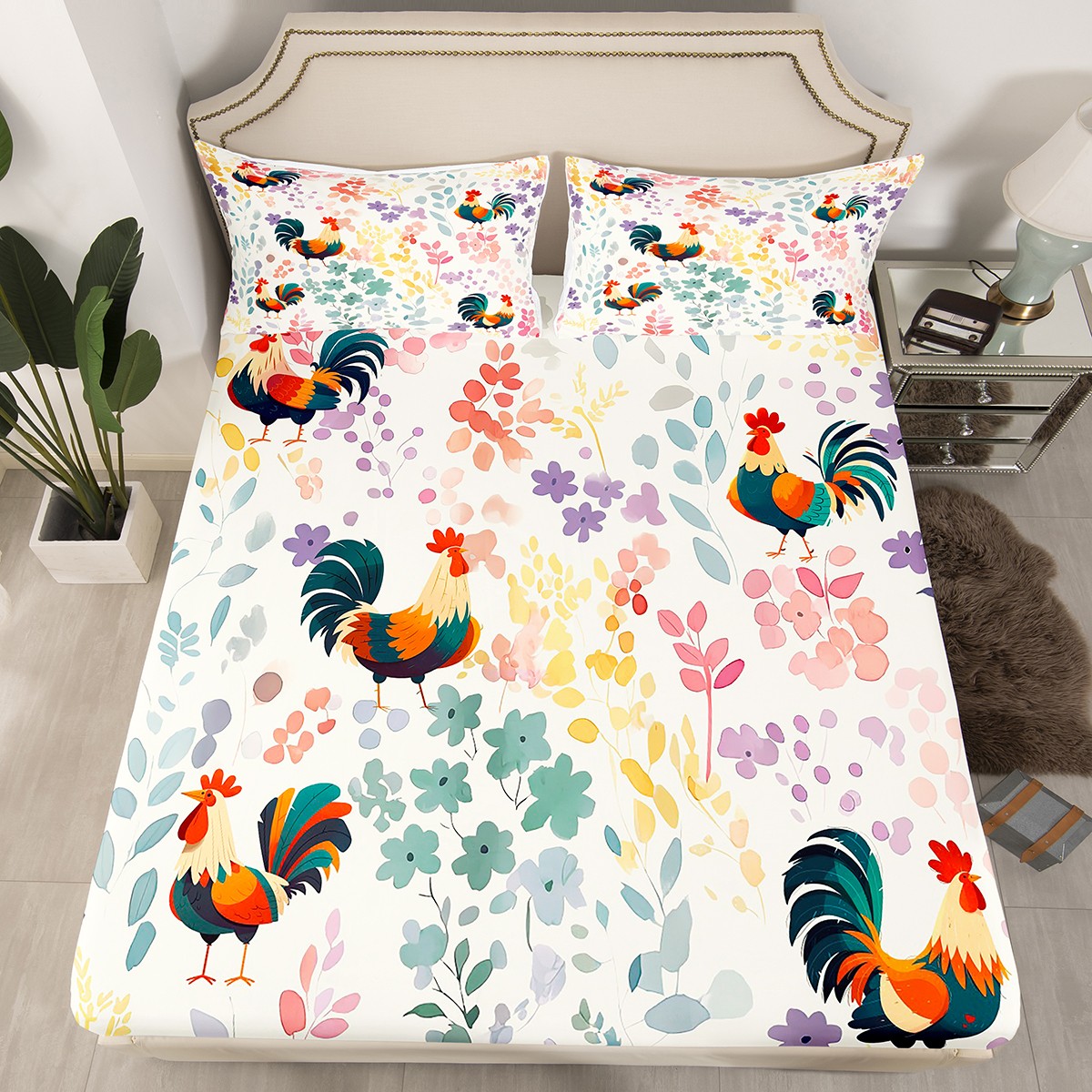 YST Farm Chicken Twin Fitted Sheet,Colorful Floral Chicken Rooster Bedding Set for Kids Girls ...