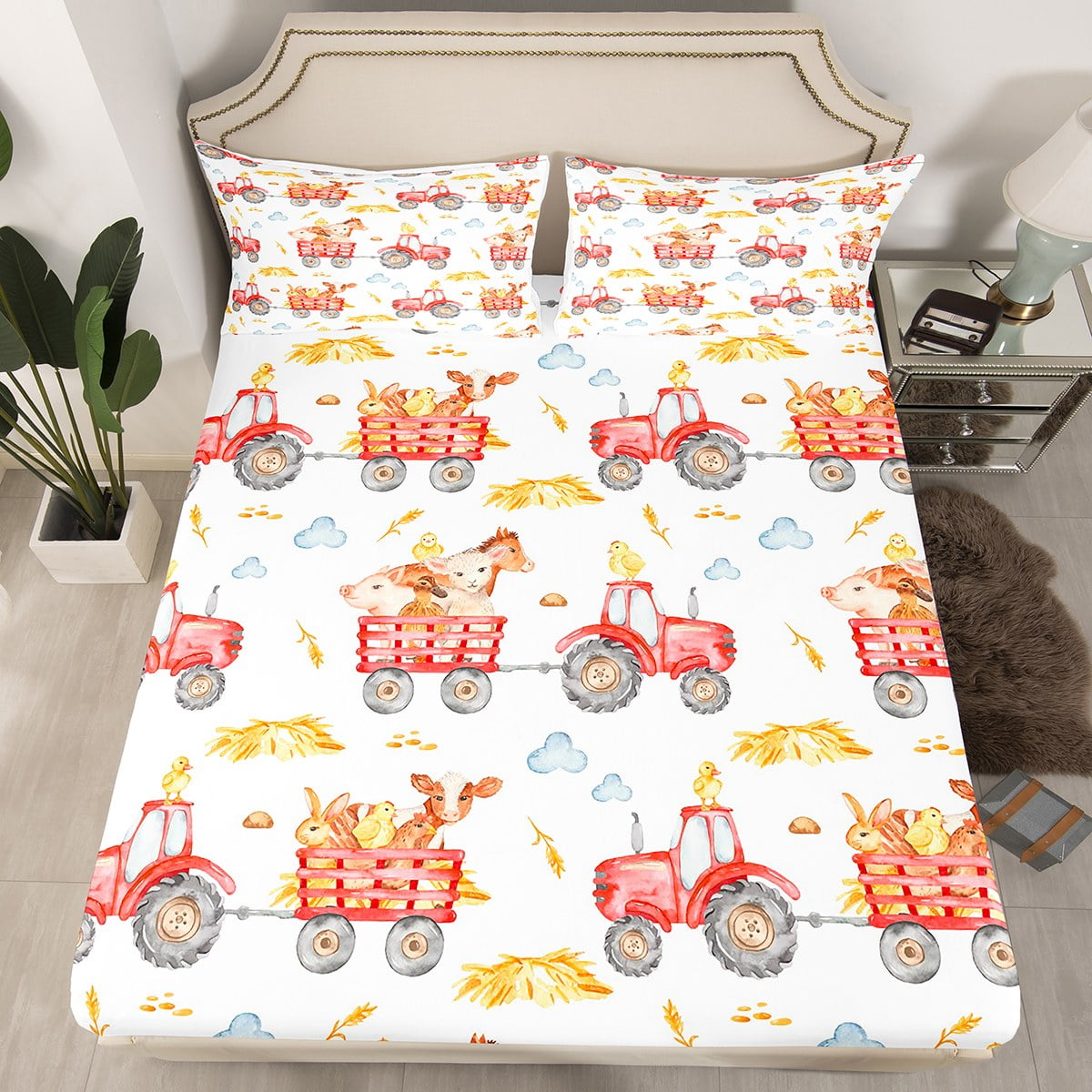 YST Farm Truck Bed Sheets for Kids Boys Girls Red Watercolor Tractor ...