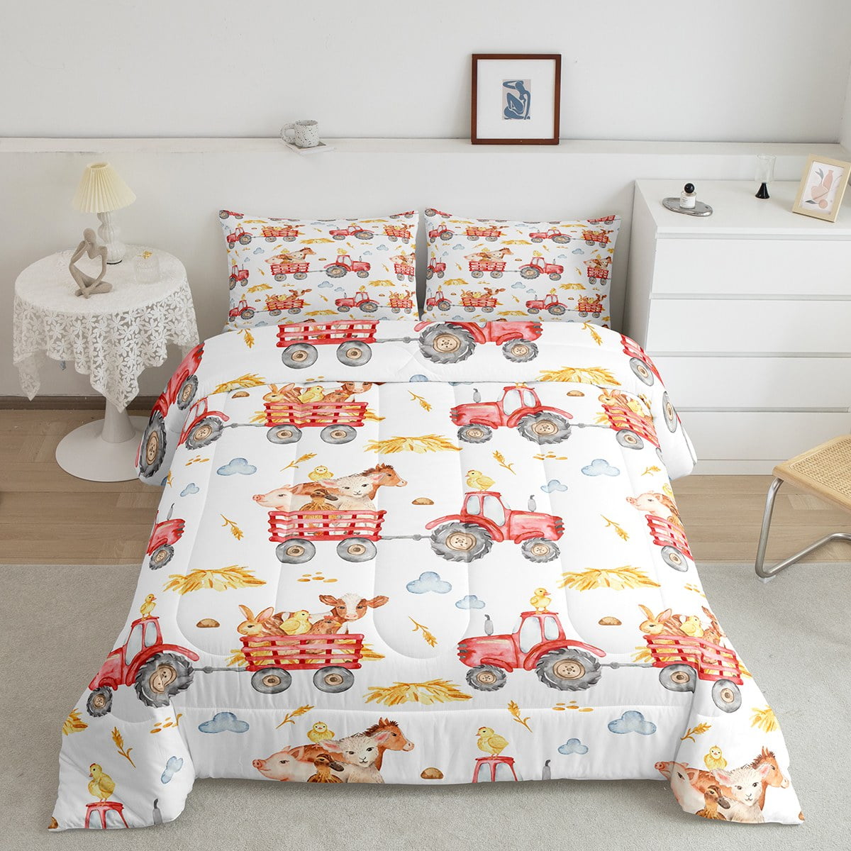 Erosebridal Farm Truck Comforter Full Red Watercolor Tractor Bedding ...