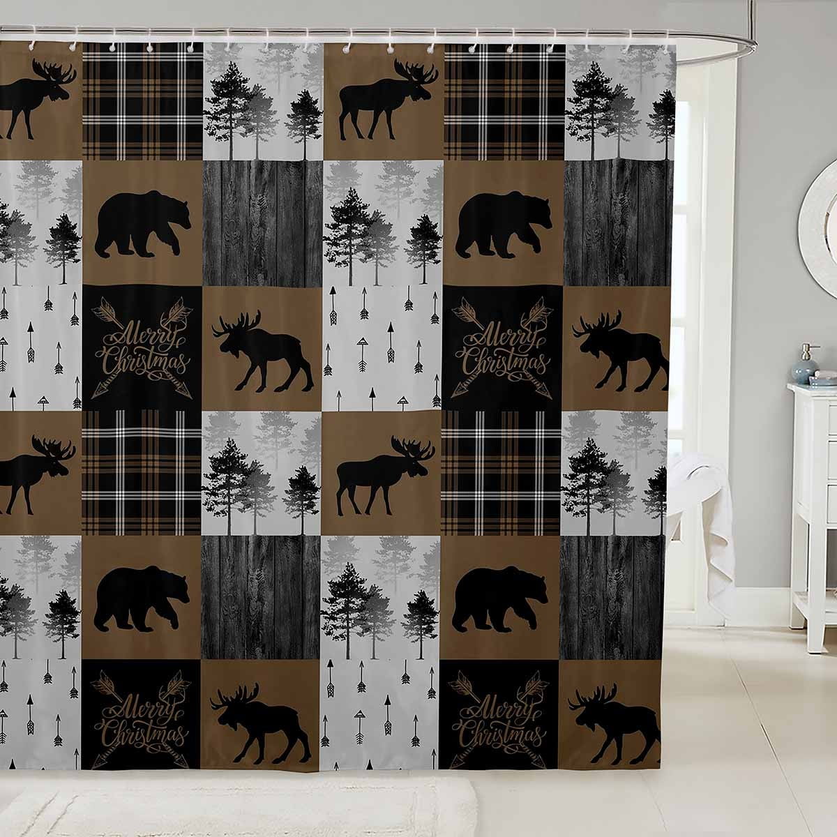 Farmhouse Bear Bath Curtain, Rustic Patchwork Plaid Shower Curtain ...