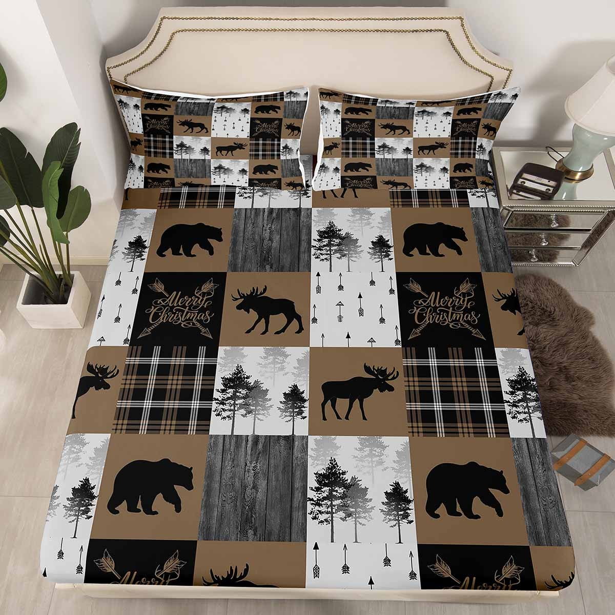YST Farmhouse Bear Bed Sheets Full Size, Rustic Patchwork Plaid Fitted ...